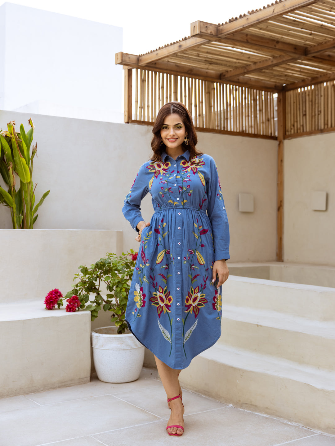 Spring Melody Vibrant Floral Embroidered Cotton Midi Dress – निवारा ...