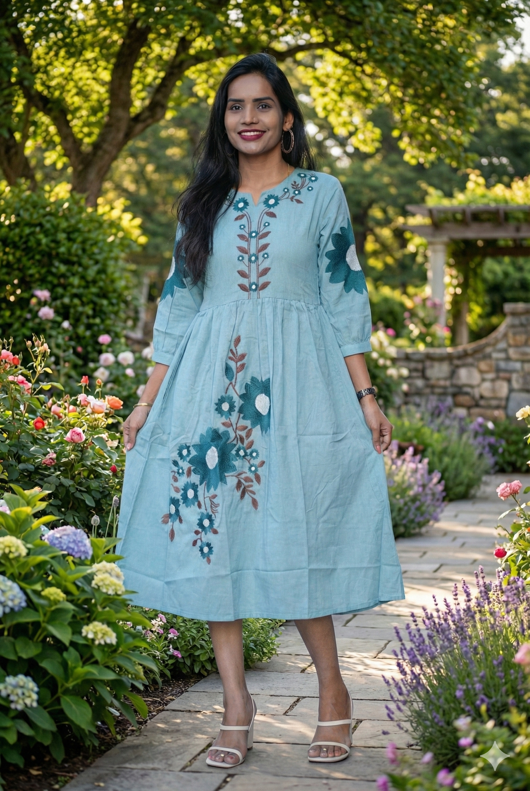 Aqua Bloom Hand-Embroidered Cotton Midi Dress for Women – निवारा (NIVARA)