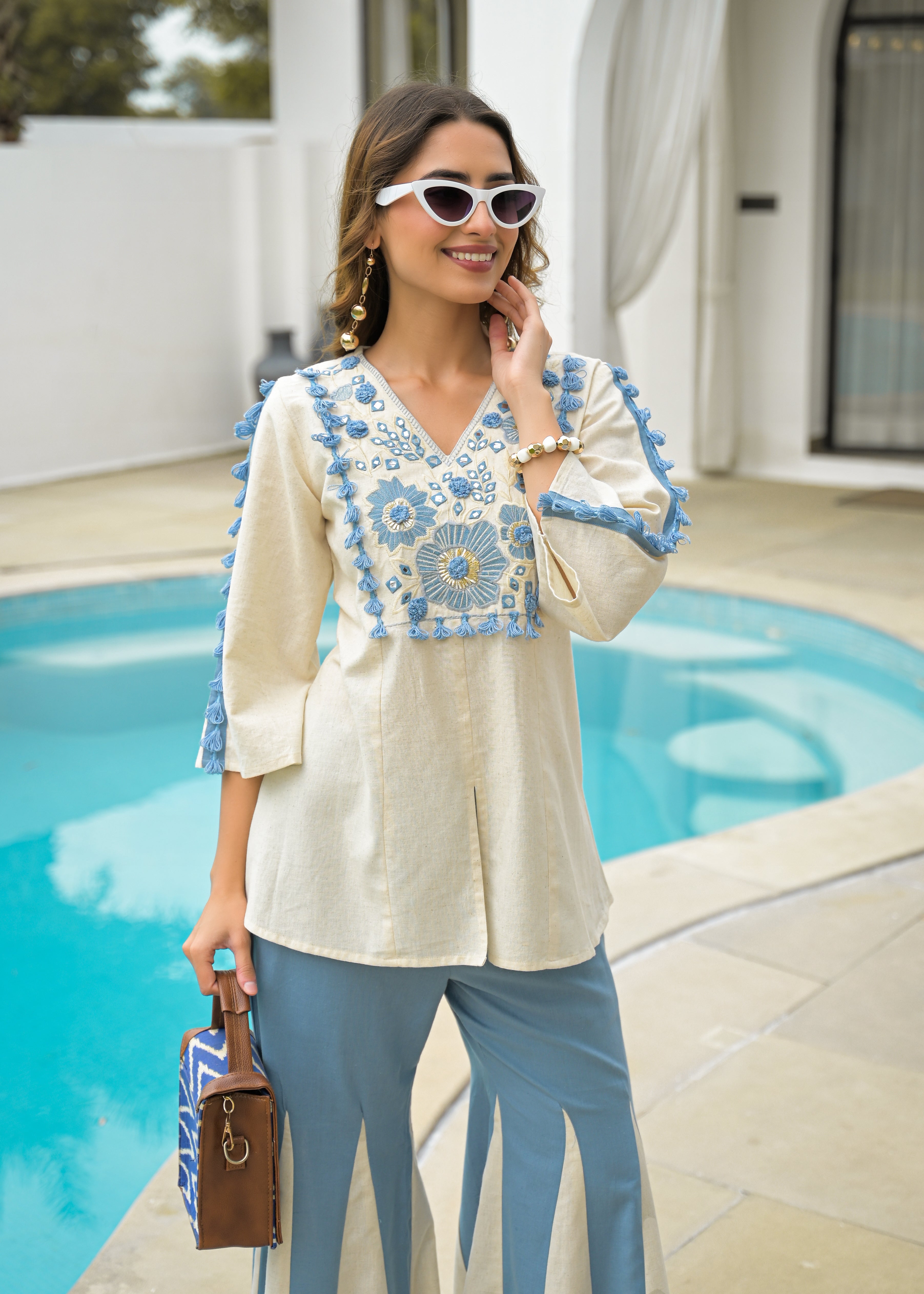 Azure Whisper Cotton Embroidered Co-ord Set – निवारा (NIVARA)